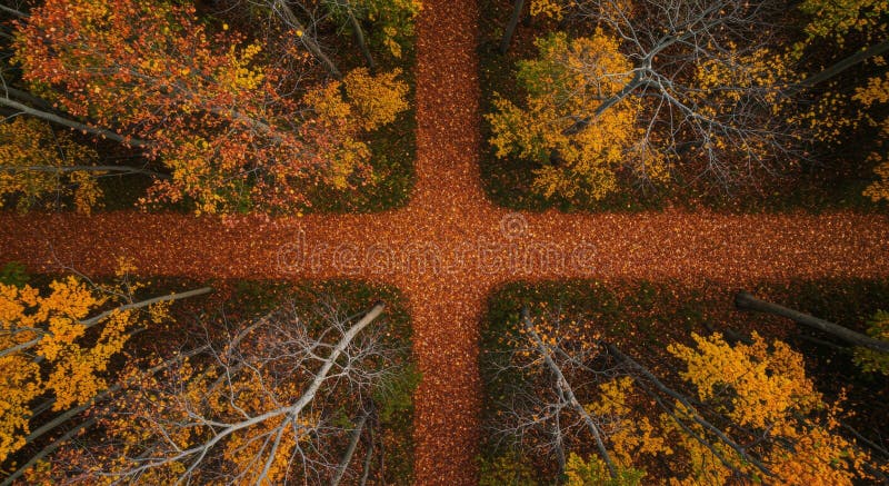 Aerial View of Autumn Forest Path Intersection Stock Illustration ...