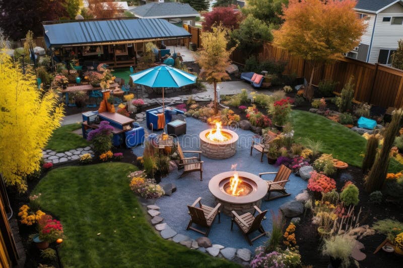 Aerial View of Backyard with Diy Fire Pit and Garden Stock Photo ...