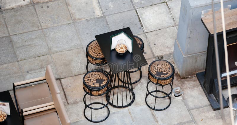 Aerial View of Bar Stools and Table with Menu - Decoration with ...