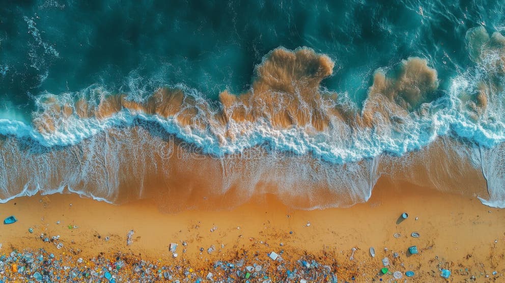 Aerial View of a Beach Covered in Plastic Pollution Stock Image - Image ...