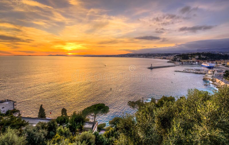 Aerial View of Beach in Nice at Sunset Stock Image - Image of ...