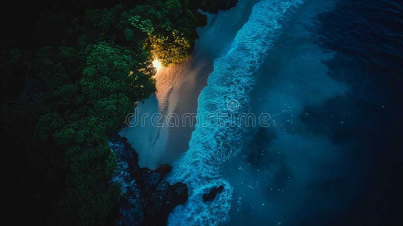Aerial View of a Beach at Night with Bioluminescent Ocean and Forested ...
