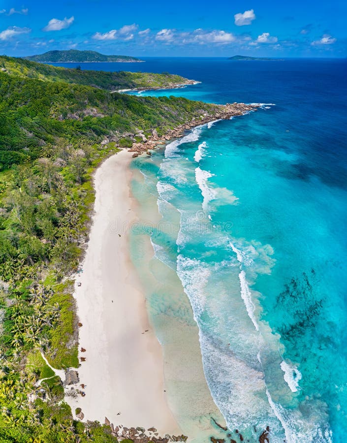 Aerial View of Beach Petite Anse, La Digue, Seychelles Stock Photo ...