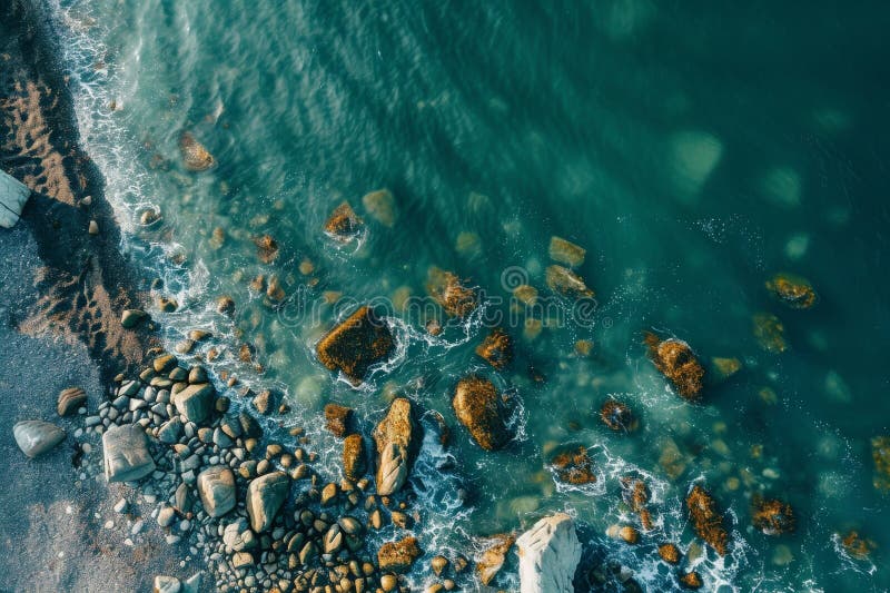 Aerial View of a Beach with Rocks and Water, Immersive Aerial View of a ...