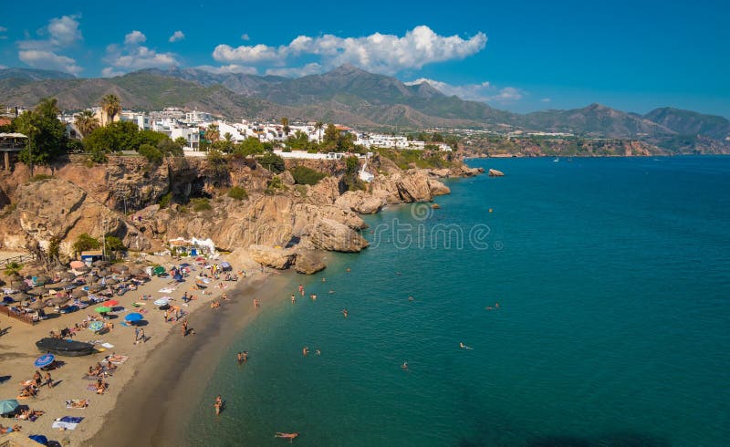 Aerial View of the Beautiful Beach of Nerja in Spain Editorial Stock ...