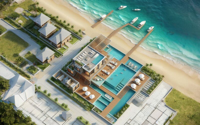 Aerial View of a Beautiful Beach Resort with a Large Pool Stock Image ...