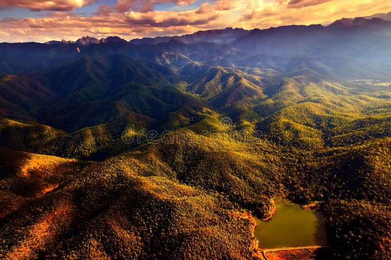 Aerial View of Lake Surrounded by Beautiful Mountain Range Stock Photo ...