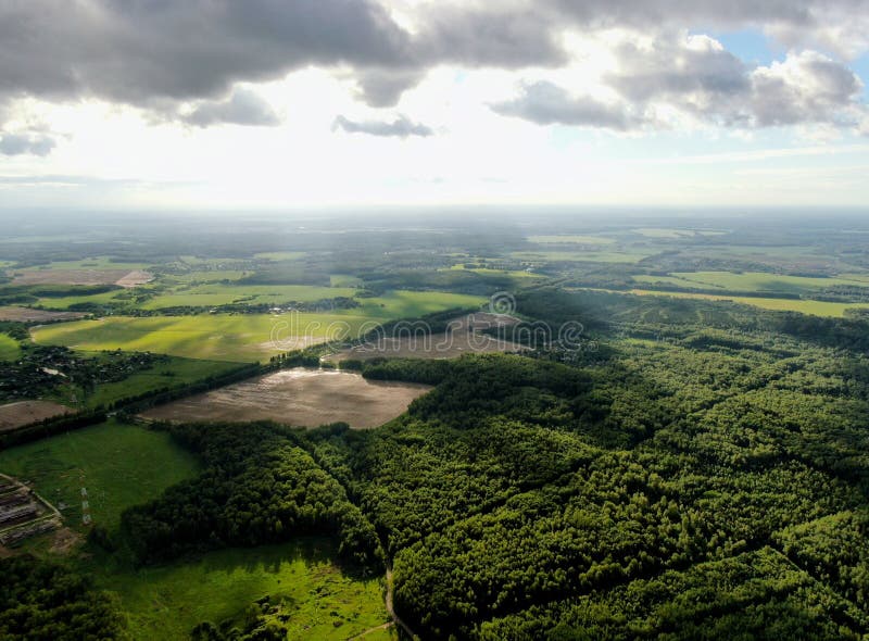 Aerial View Beautiful Panoramic Landscape of Green Forest and Fields ...