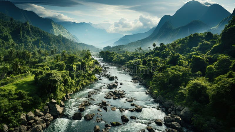 Aerial View of a Beautiful Rain Forest with Mountains and Floating ...