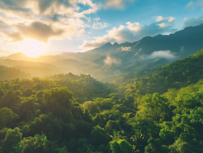 Aerial View, Beautiful Rainforest at Sunset Stock Photo - Image of ...