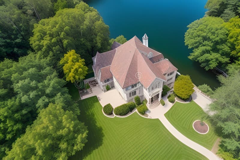 Aerial View of Beautiful Villa in the Forest with Lake. Stock ...