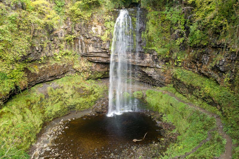 Aerial View of a Beautiful Waterfall in the Brecon Beacons (Henrhyd ...