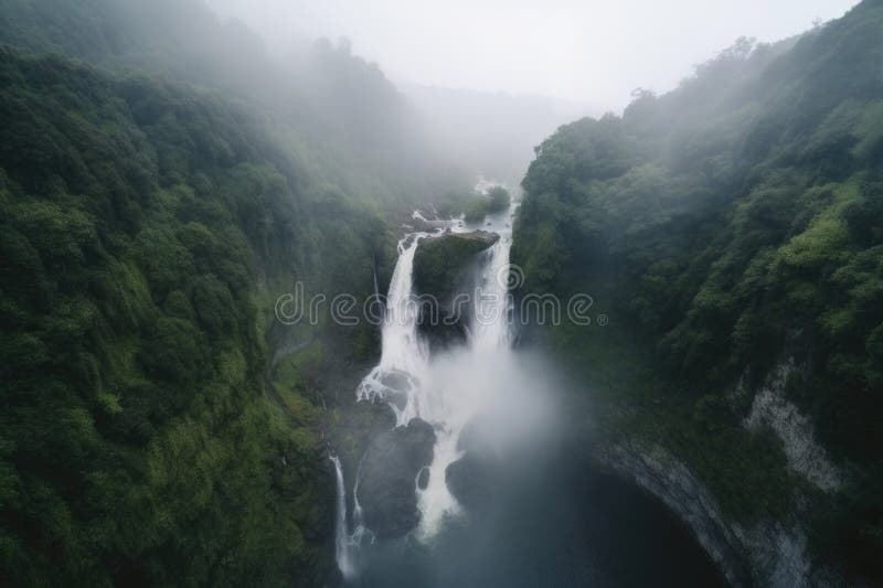 Aerial View of Beautiful Waterfall, with Drone Hovering Above the Mist ...