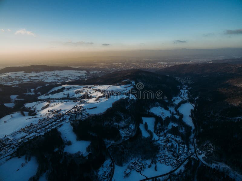 Aerial View of Beautiful Winter Landscape with Hills Trees Stock Photo ...