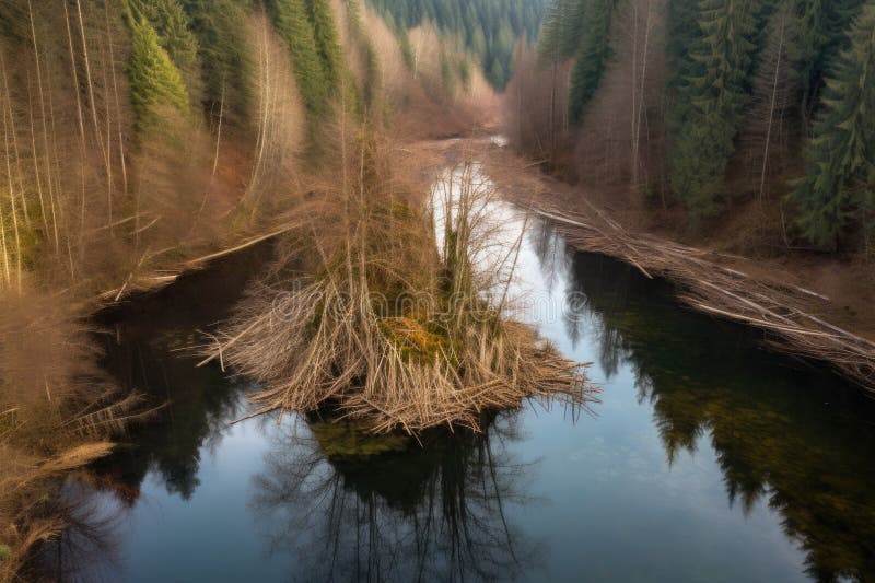 Aerial View of a Beaver Dam in a Forest River Stock Illustration ...