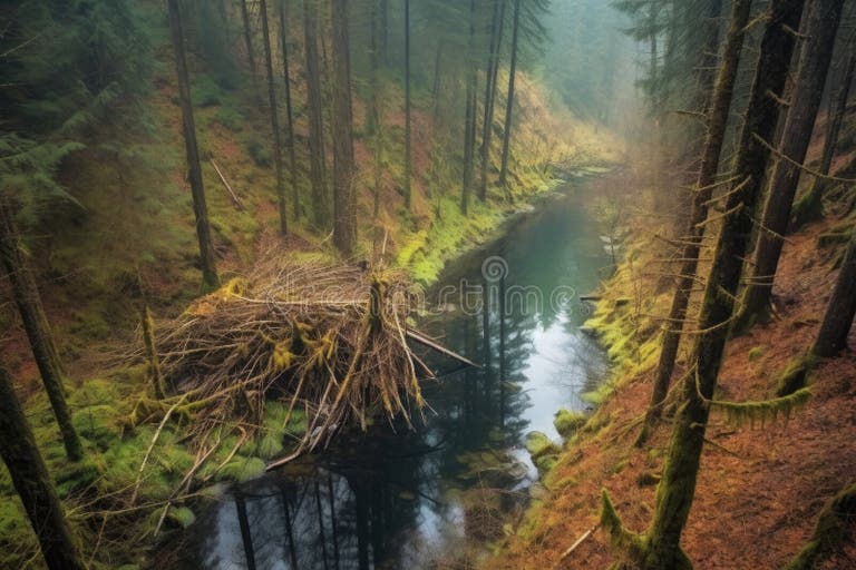 Aerial View of a Beaver Dam in a Forest Stream Stock Illustration ...