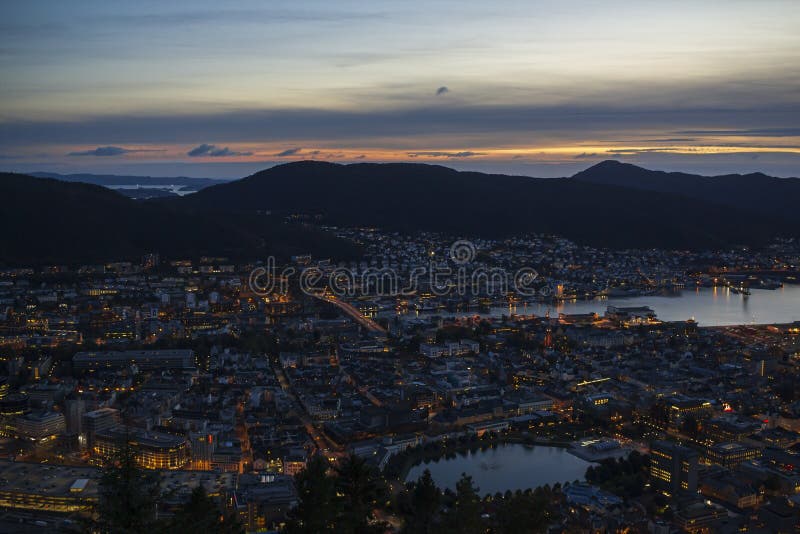 Aerial View of Bergen City with Night Lights on Stock Photo - Image of ...