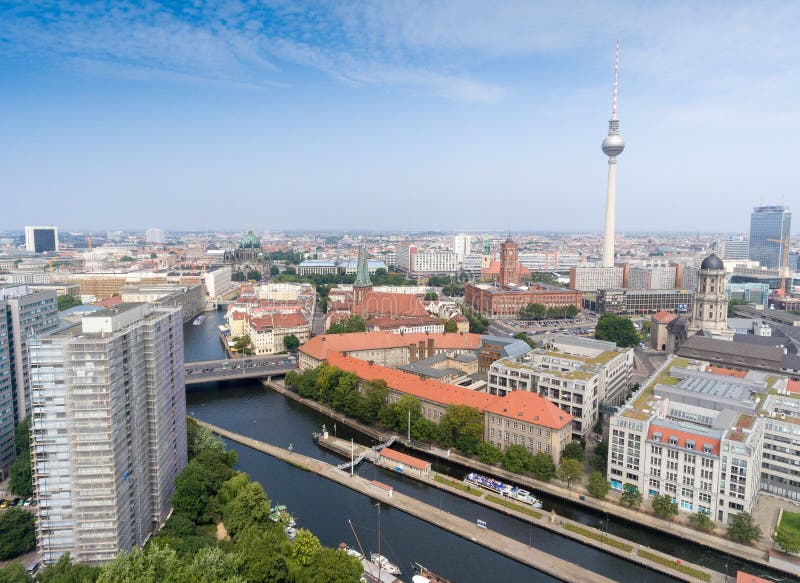 Aerial View of Berlin from Helicopter with TV Tower and Spree Ri ...