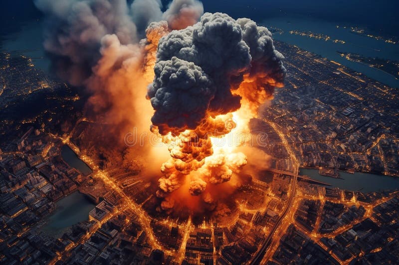 Aerial View of a Huge Explosion in the City at Night. Stock ...
