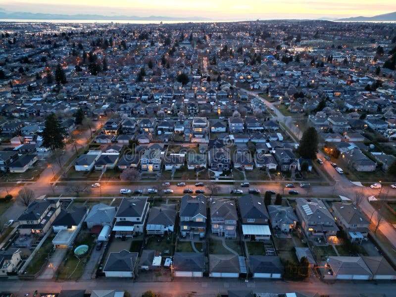 Aerial View of a Big Neighborhood at Sunset Stock Image - Image of ...