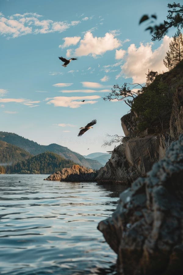 Aerial View of Birds Soaring Above a Calm Lake or River Stock Image ...