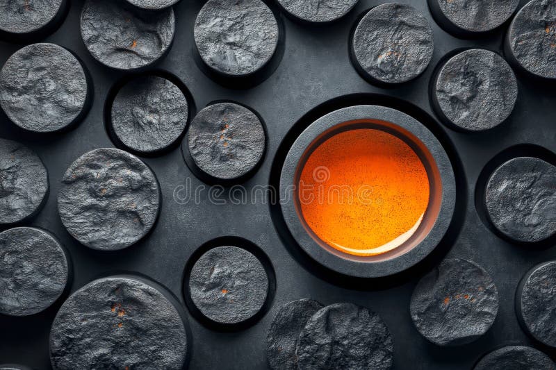 Aerial View of Black and Orange Circular Patterns with a Bowl of Liquid ...