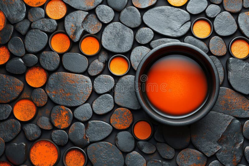 Aerial View of Black and Orange Circular Patterns with a Bowl of Liquid ...