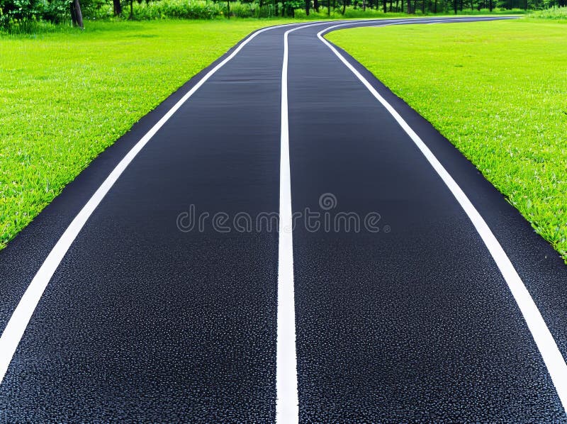 Aerial View of a Black Rubber Track with White Lane Markings Forming a ...