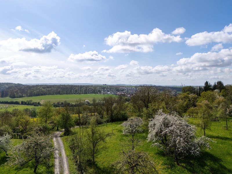 Aerial View of Blooming Fruit Trees and Fields in Spring Stock Image ...