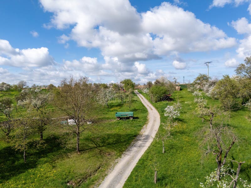 Aerial View of Blooming Fruit Trees and Fields in Spring Stock Image ...