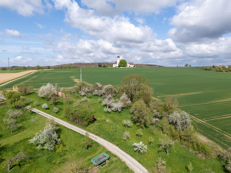 Aerial View of Blooming Fruit Trees and Fields in Spring Stock Photo ...