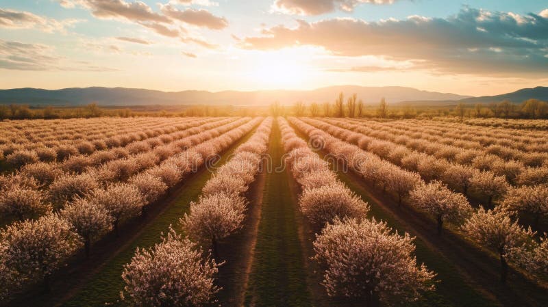 Aerial View of a Blooming Orchard at Sunset Stock Illustration ...