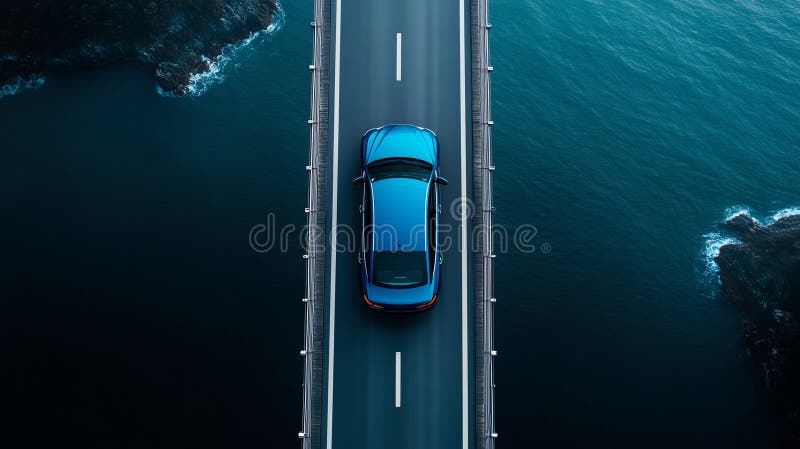 Aerial View of a Blue Car on a Bridge Over Deep Blue Water Stock ...