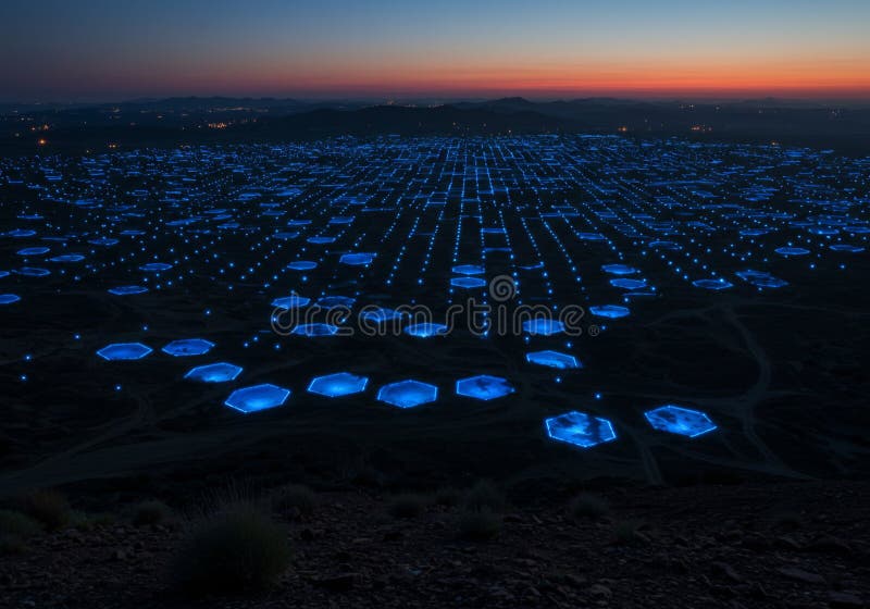 Aerial View of Blue Illuminated Circles at Night Stock Illustration ...