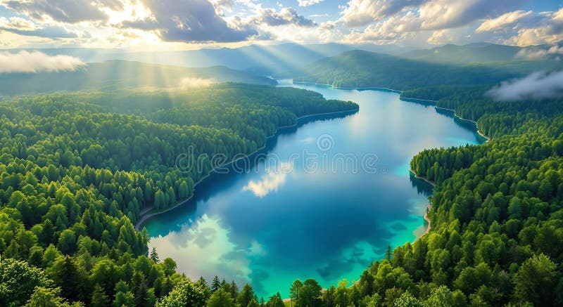 Sunlit Lake in Lush Forest stock illustration. Illustration of horizon ...