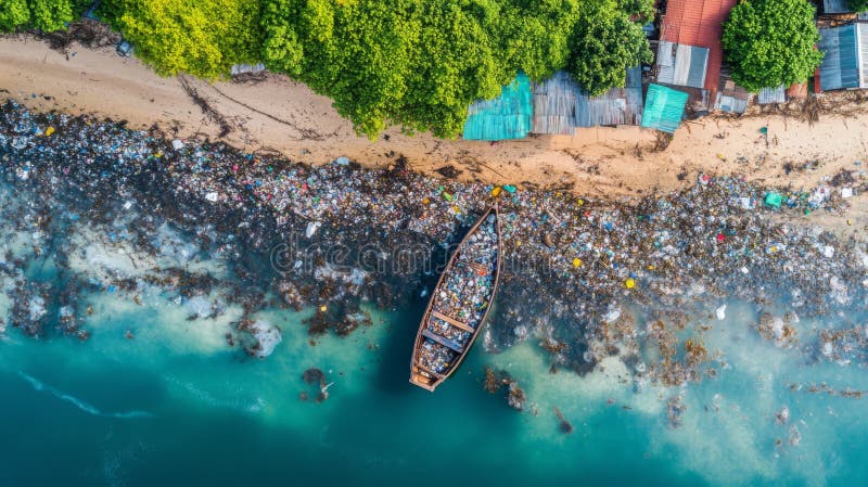 An Aerial View of a Boat Filled with Garbage on a Polluted Beach Stock ...