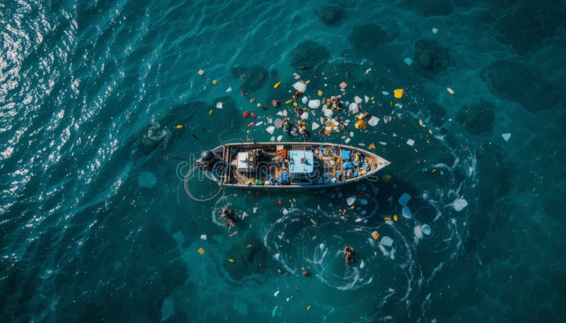 Aerial View Boat Surrounded Ocean Pollution Debris Stock Photos - Free ...