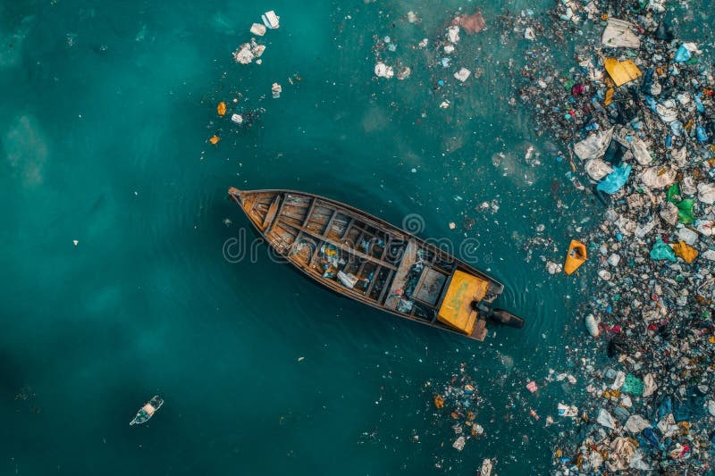 Garbage Pollution in Water Body with Boat Overhead View Photography ...