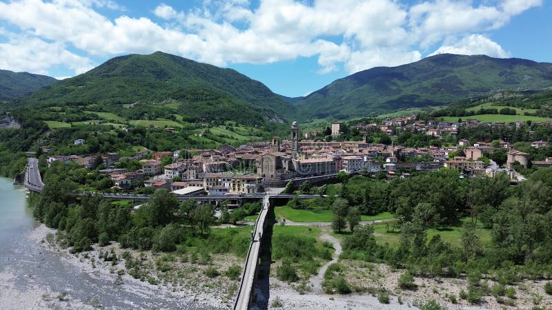 Aerial View of Bobbio Village and Its Ancient Bridge Stock Video ...