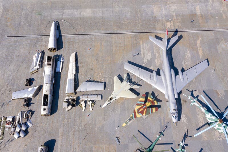 Aerial View of Bomber and Fighter Plane at Military Airfield Stock ...