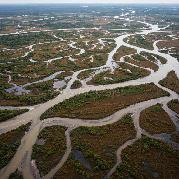 Aerial View of a Braided River Delta Stock Illustration - Illustration ...