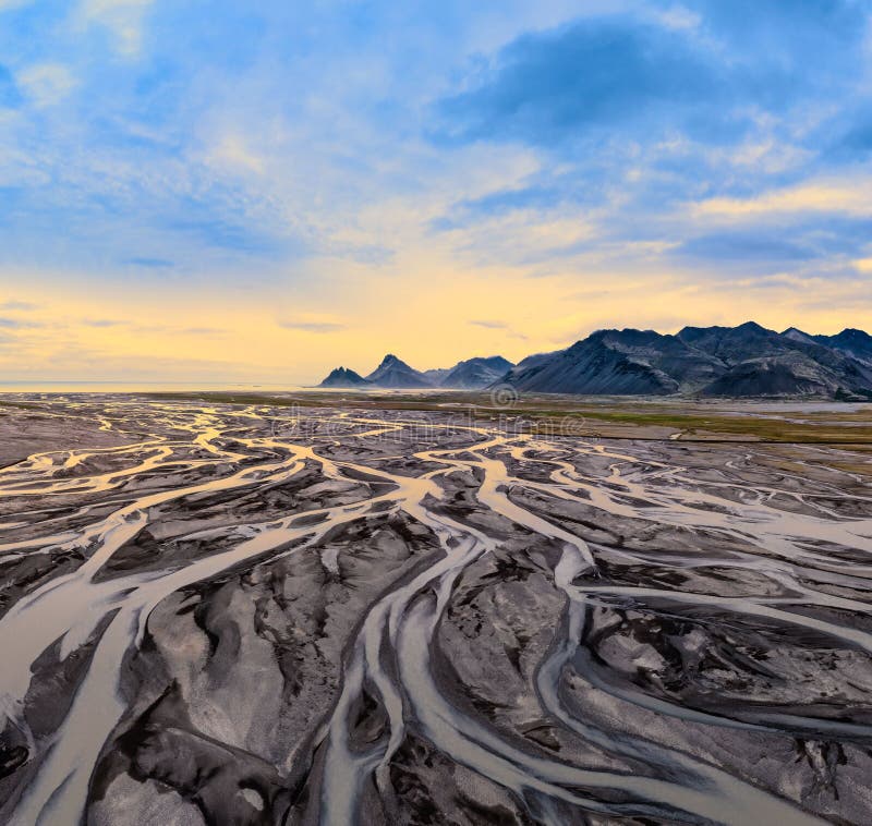 Aerial View of Braided River Patterns at Sunset. Stock Illustration ...