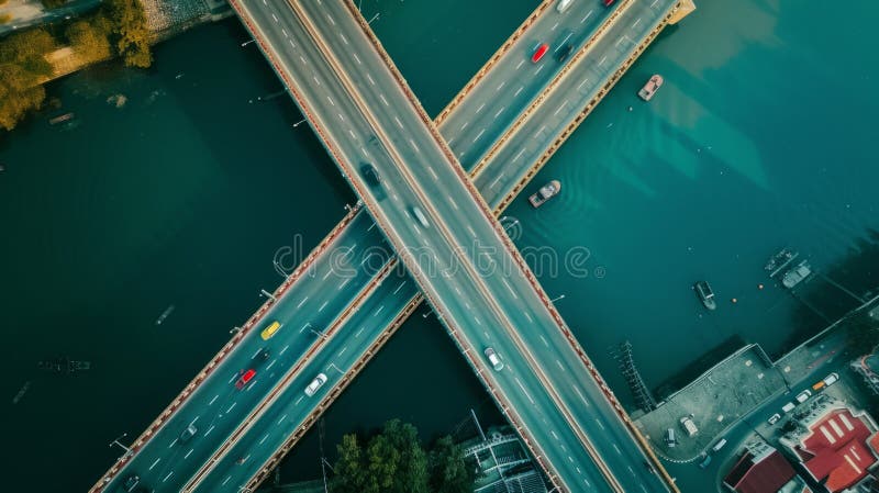 Aerial View of the Bridge and the Road Over River Over Green Island in ...