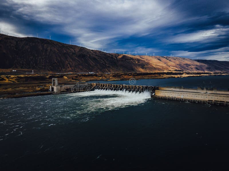 Aerial View of a Bridge Spanning Across a John Day Dam on a Sunny Day ...