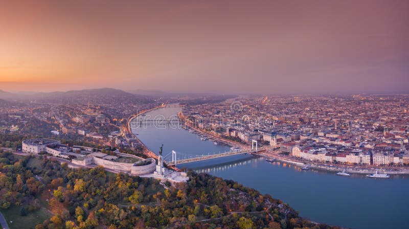 Aerial View of Budapest with Sunrise Stock Image - Image of gellerthegy ...