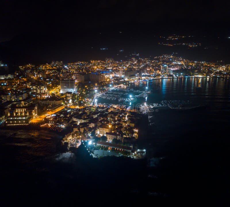 Aerial View of Budva in the Night Stock Image - Image of beach, aerial ...