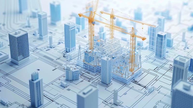 Aerial View of a Building Construction Site with Cranes and Blueprints ...