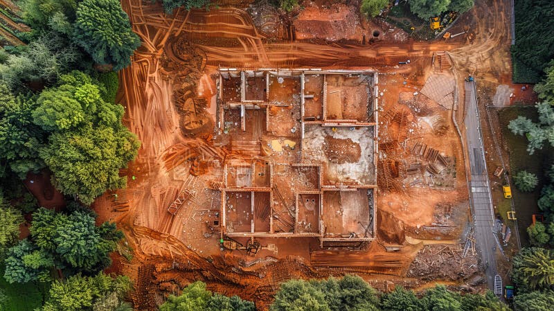 Aerial View of Building Foundation Under Construction, Surrounded by ...