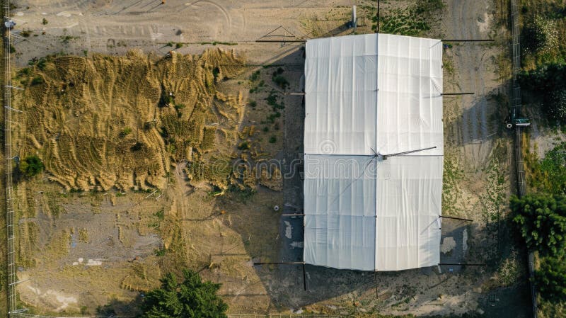 Aerial View of a Building with a Tarp Covering the Structure, Suitable ...