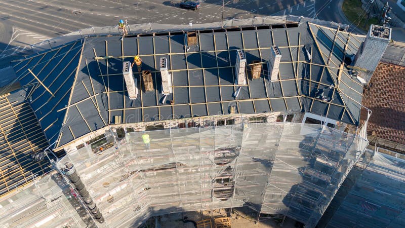 Aerial View of Building Under Construction with Scaffolding Stock Photo ...